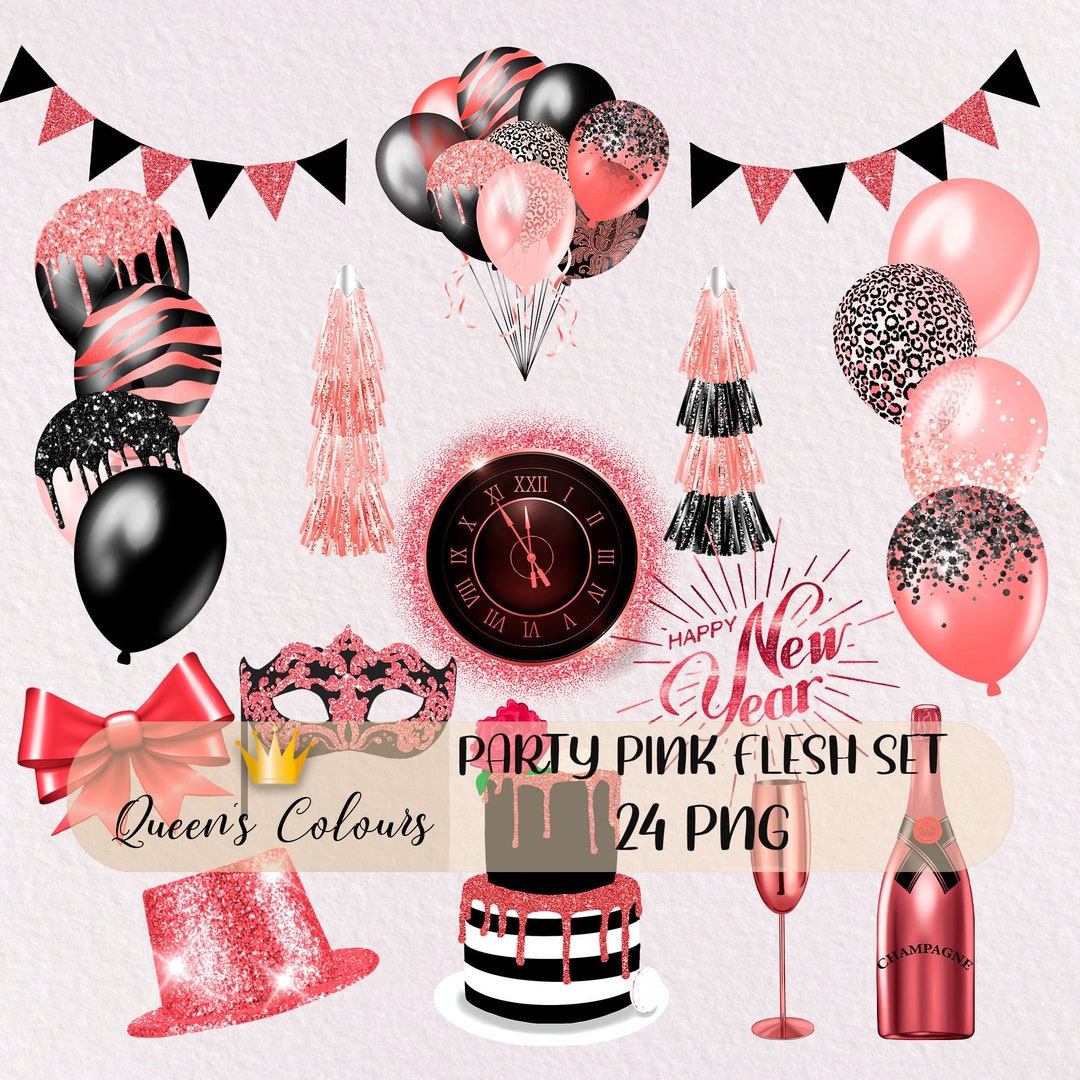 New Year Party Elements, New Year Clipart, Party Supplies Clipart, Pink ...
