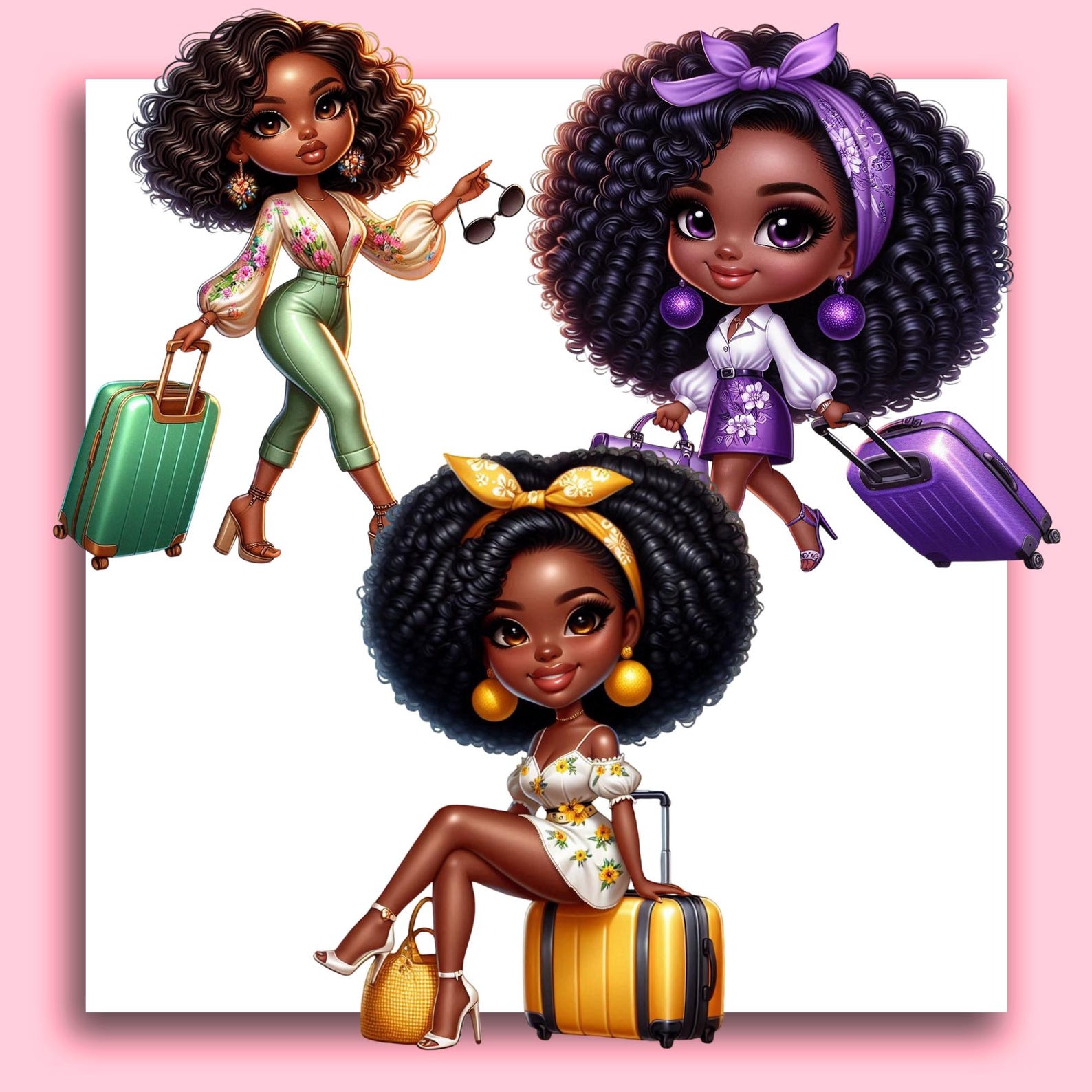 Travel Chibi Black Doll Bundle Clipart, Afro Chibi Summer Trip, Travel ...