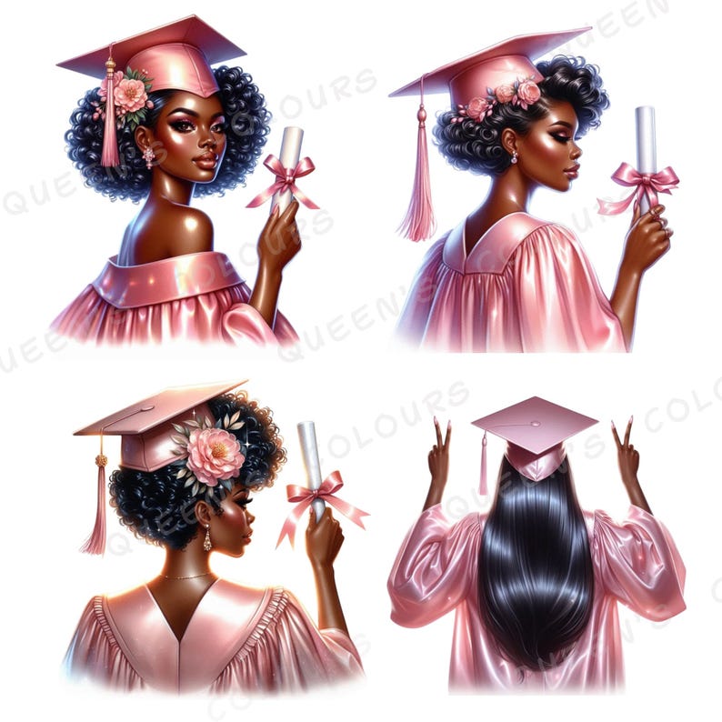 Black Girl Graduation Png, Afro Graduate Clipart, Pink Graduation Cap ...