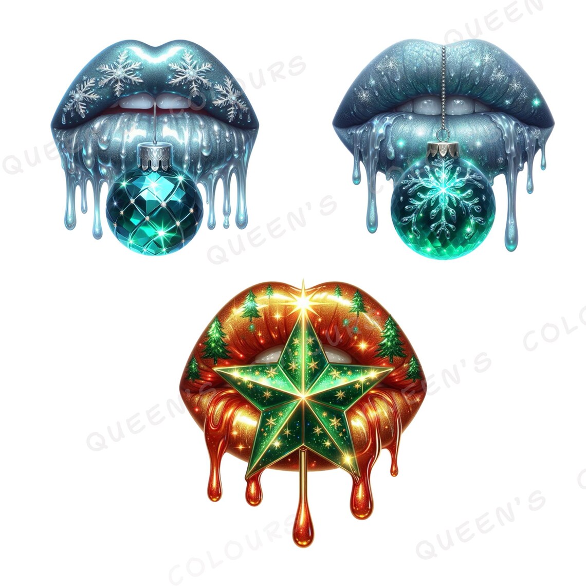 Christmas Lips Png Clipart Set, Xmas Sparkling Drip Lips Clipart ...