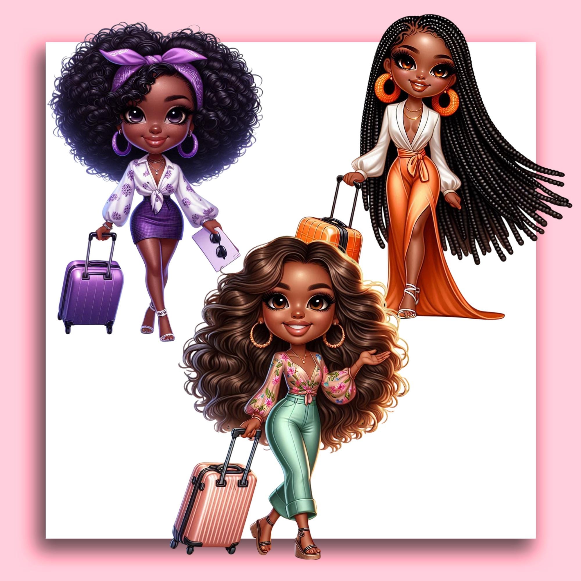 Travel Chibi Black Doll Bundle Clipart, Afro Chibi Summer Trip, Travel ...