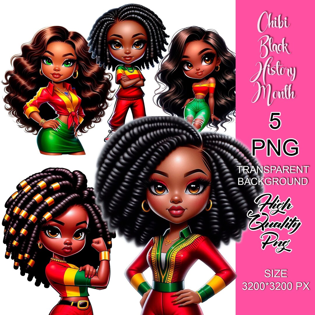 Chibi Black History Month Clipart, Afro Chibi Doll Clipart, Black ...