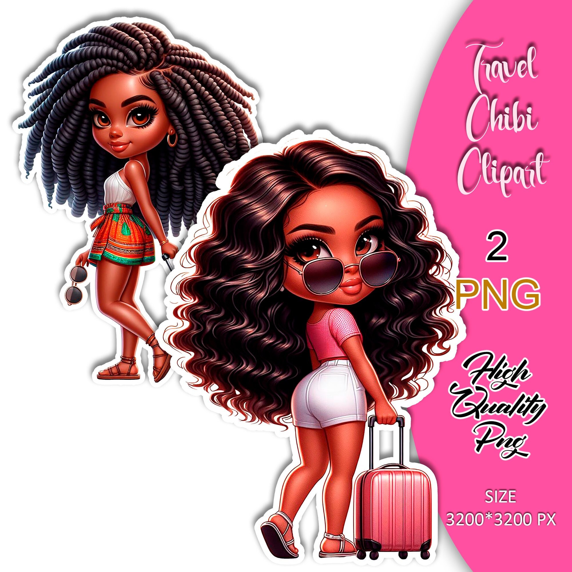 Chibi Travel Doll, Travel Chibi Clipart, Afro Chibi Doll, Chibi Girl ...