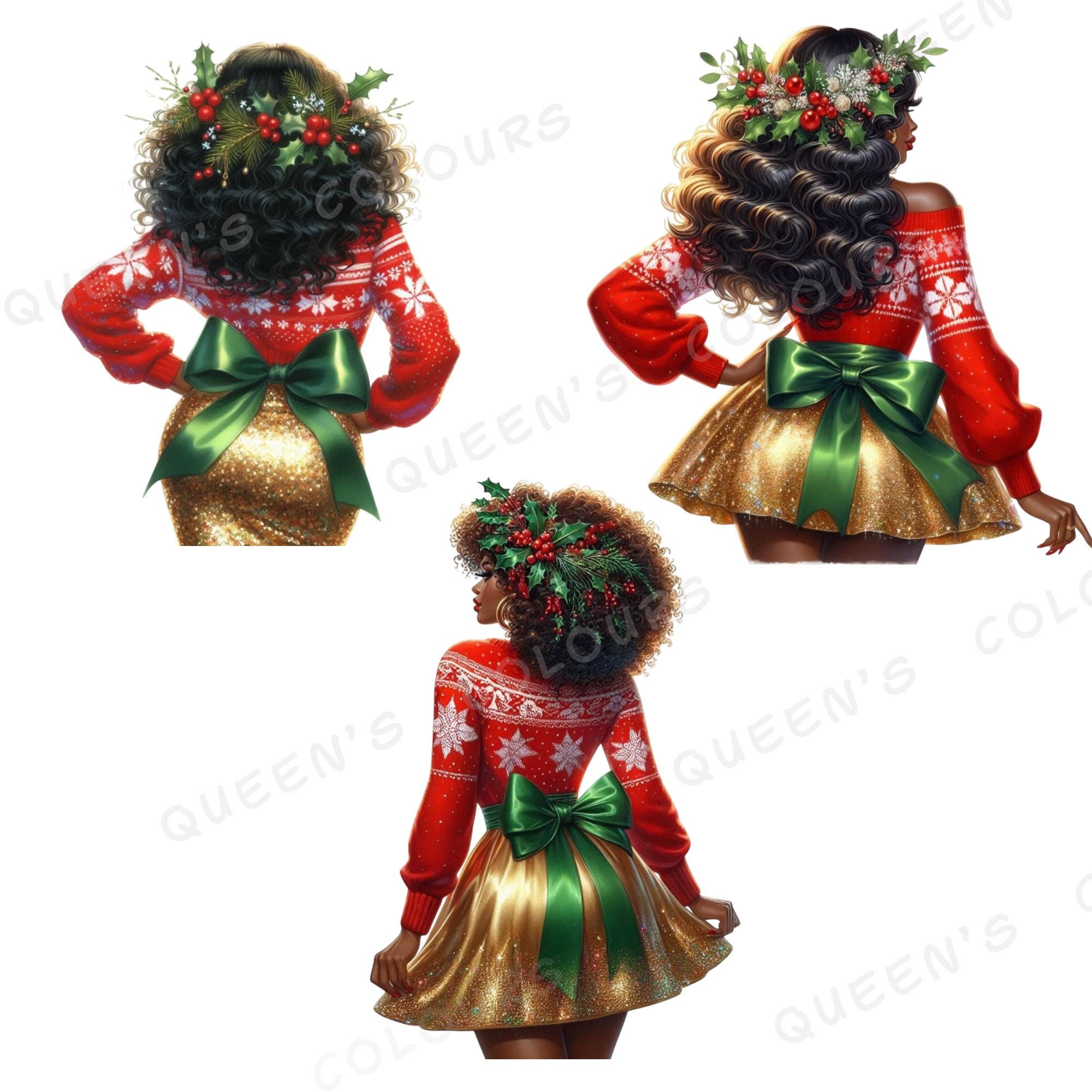 Christmas Afro Girl Clipart Bundle, Black Woman Holiday Png, African ...