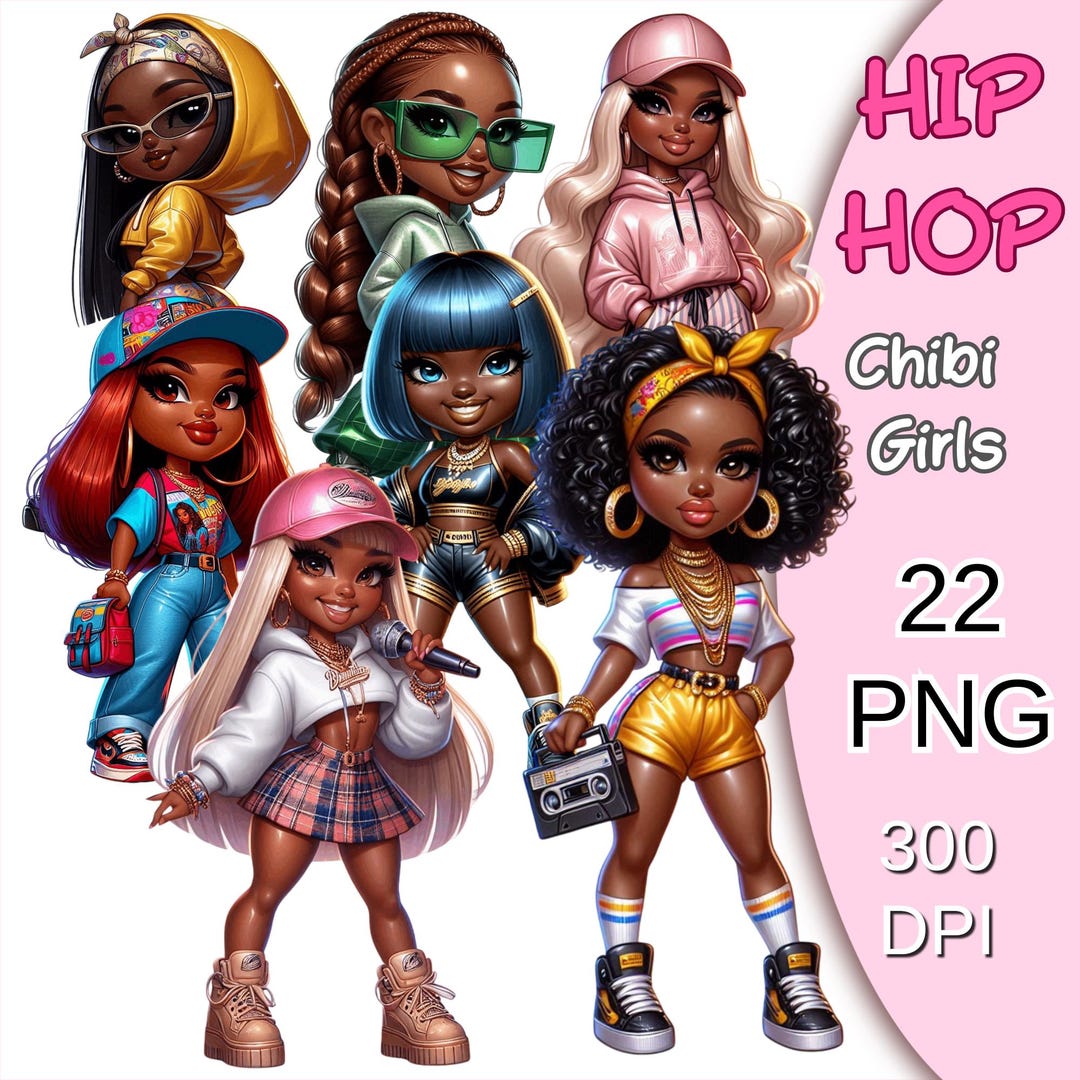 Chibi Afro Hip Hop Girl Clipart, 22 Png, Black Chibi Png, Hip Hop Cute ...