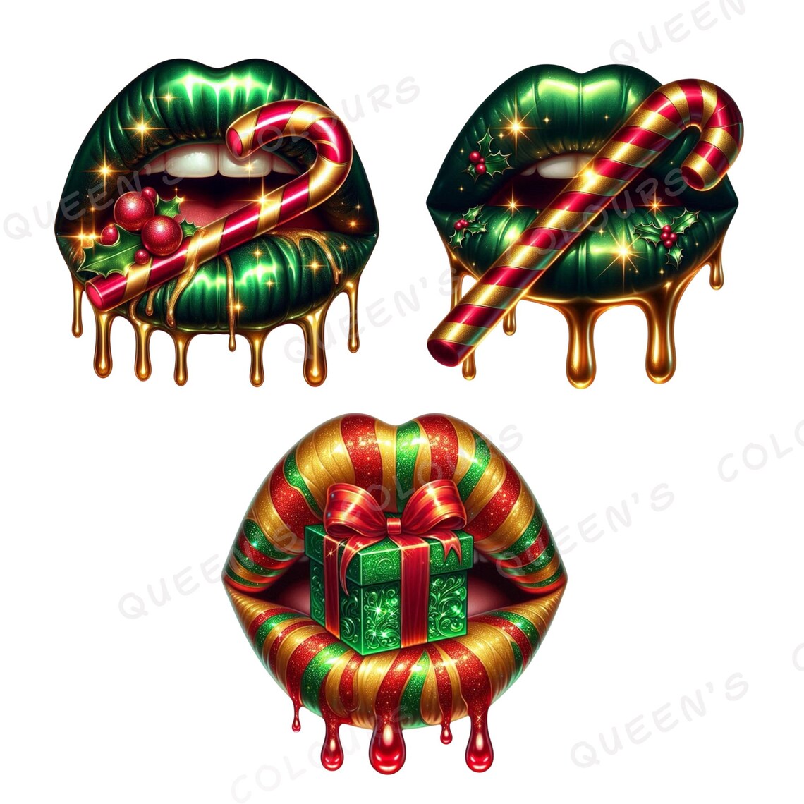 Christmas Lips Png Clipart Set, Xmas Sparkling Drip Lips Clipart ...