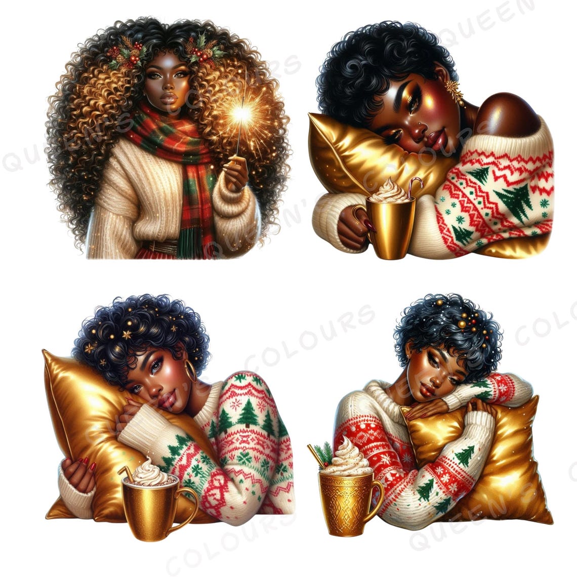 Christmas Afro Girl Clipart Bundle, Black Woman Holiday Png, African ...