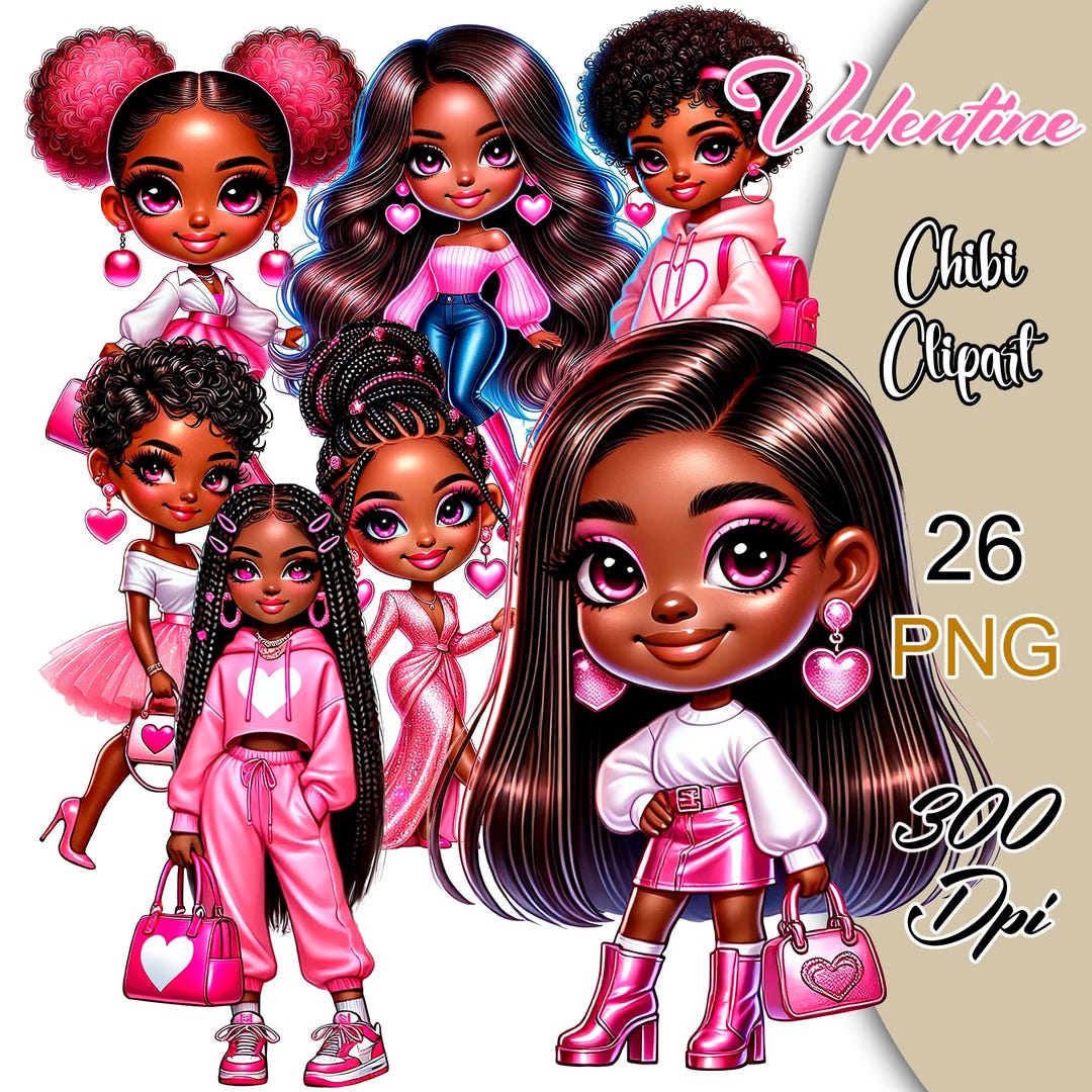 Valentines Chibi Clipart, Cute Valentines Chibi Doll, 26 Png, Afro ...