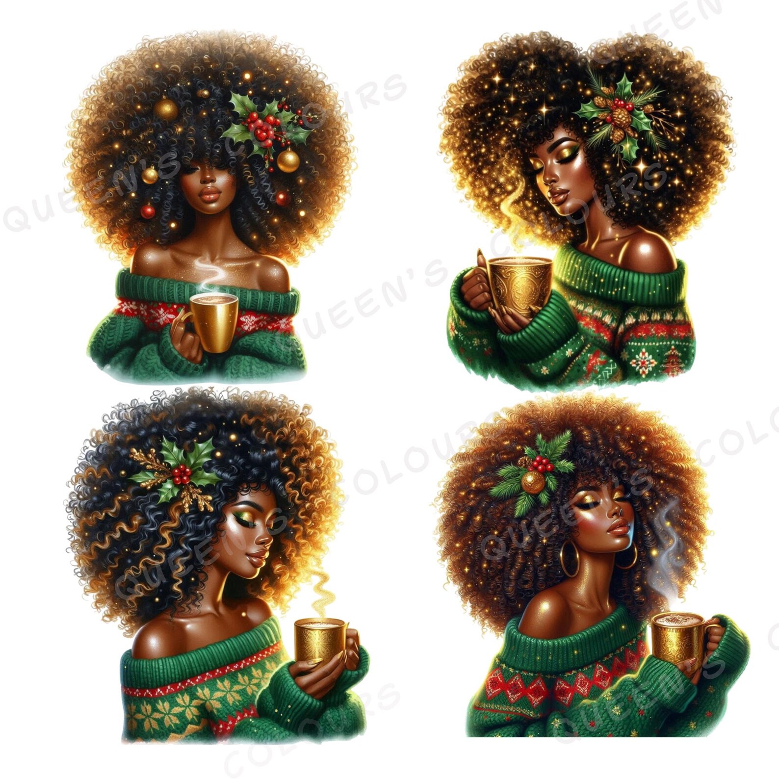 Christmas Afro Girl Clipart Bundle, Black Woman Holiday Png, African ...