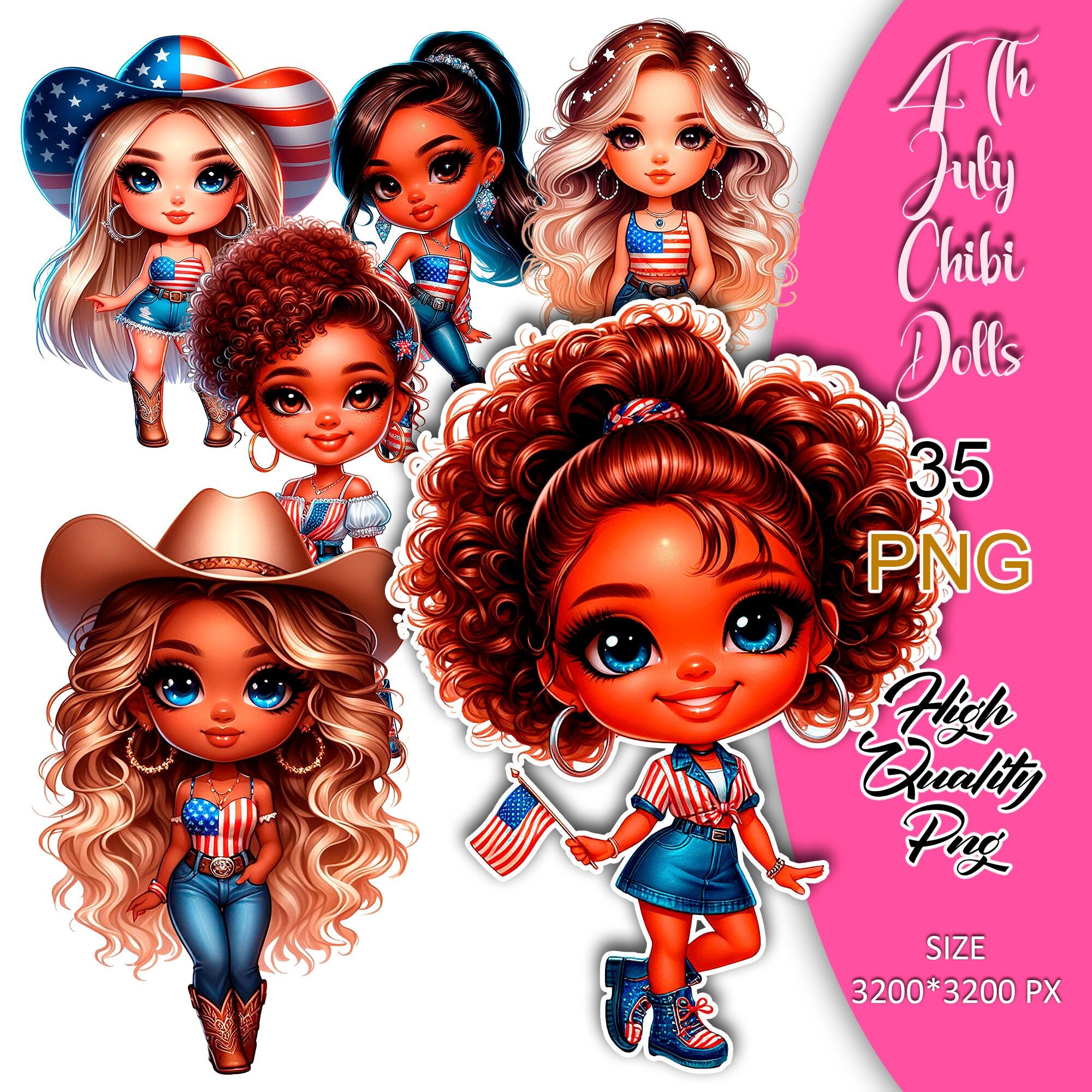 Chibi Doll 4th July Clipart, American Chibi Girls Clipart, 4th July ...