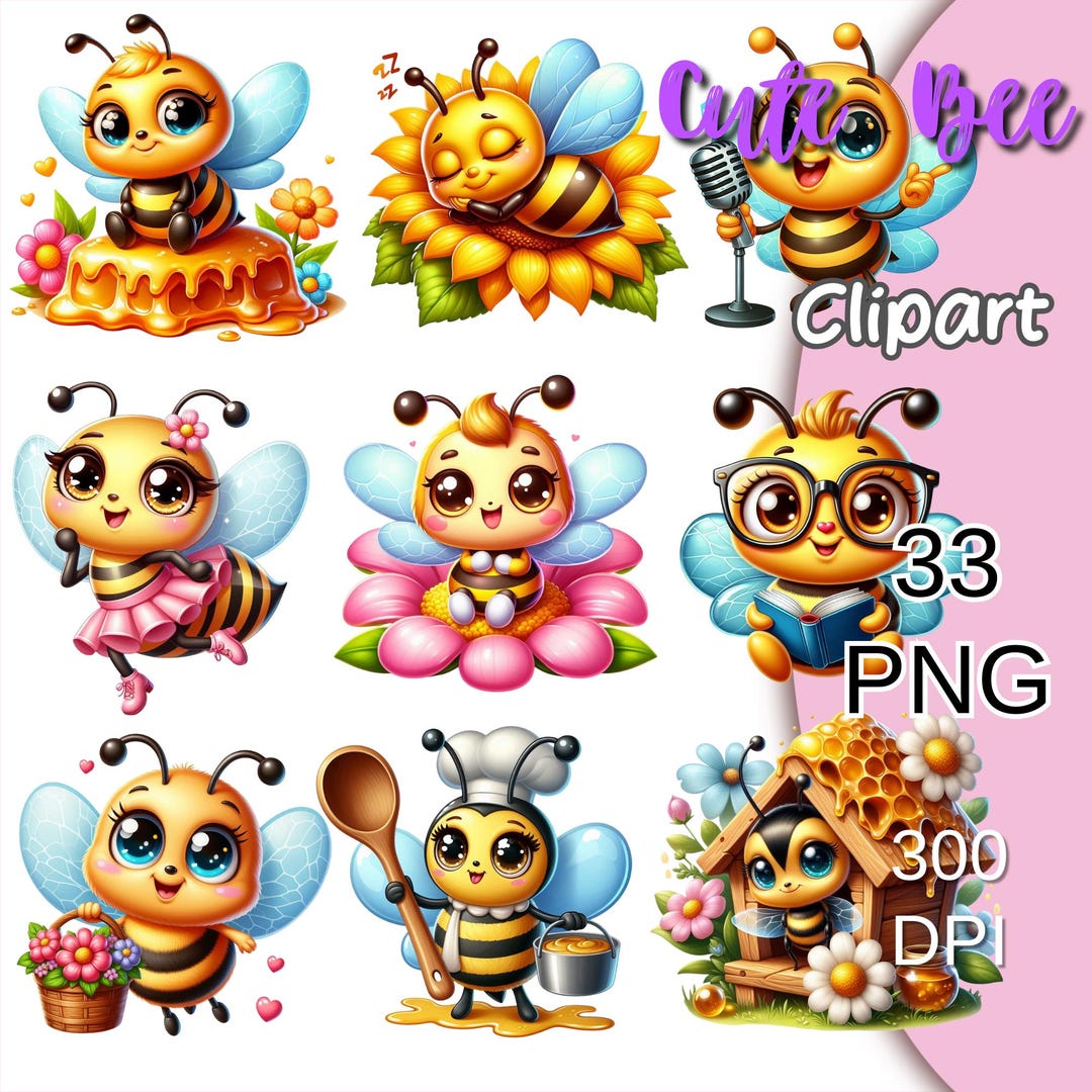 33 Cute Bees Clipart Bundle, Honey Bee Stickers Png, Bumble Bees ...