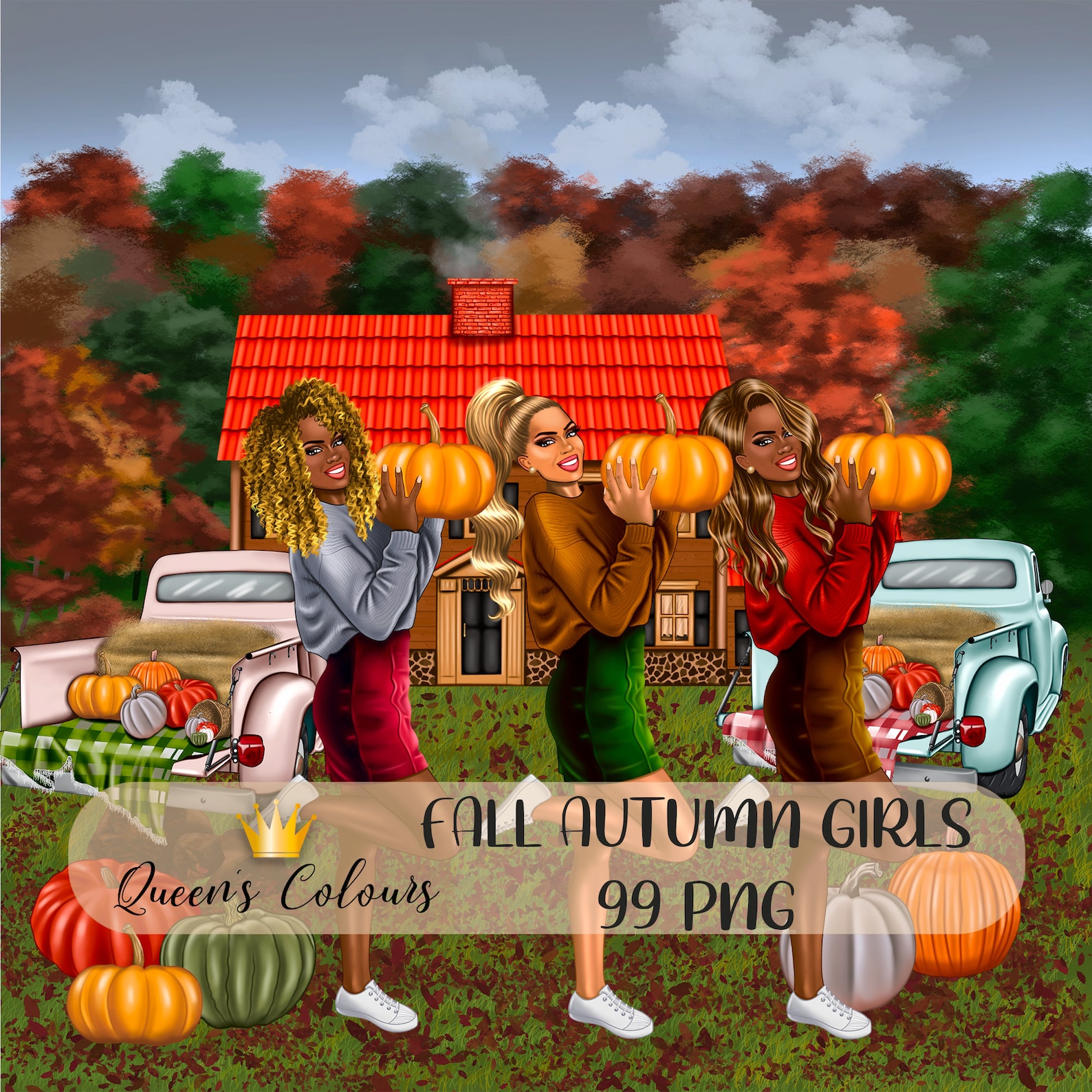 Autumn Girl and Pumpkin Clipart, Fall Black Girl Clipart, Autumn Girl ...
