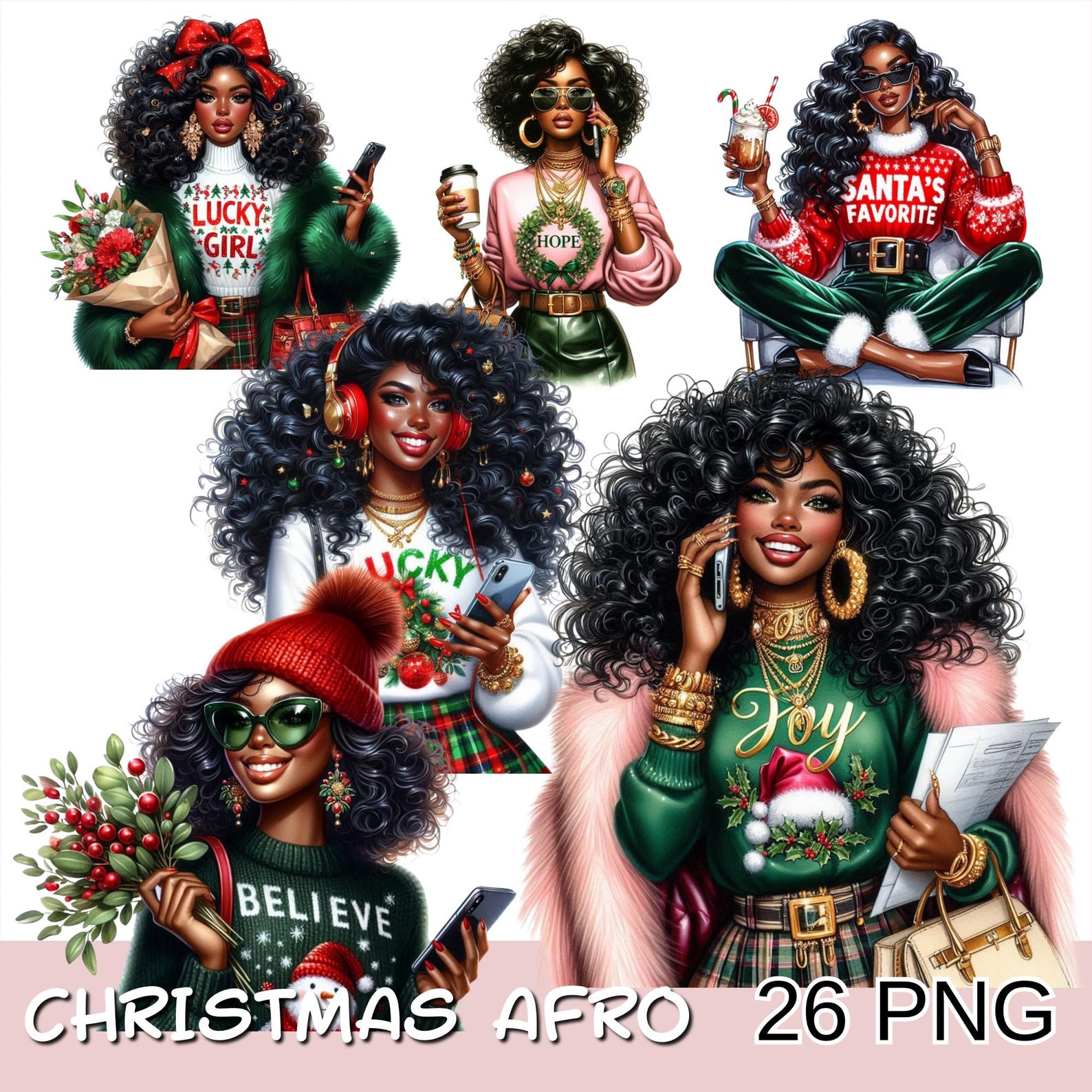 Motivational Christmas Afro Woman Clipart, Black Girl Holiday Png ...