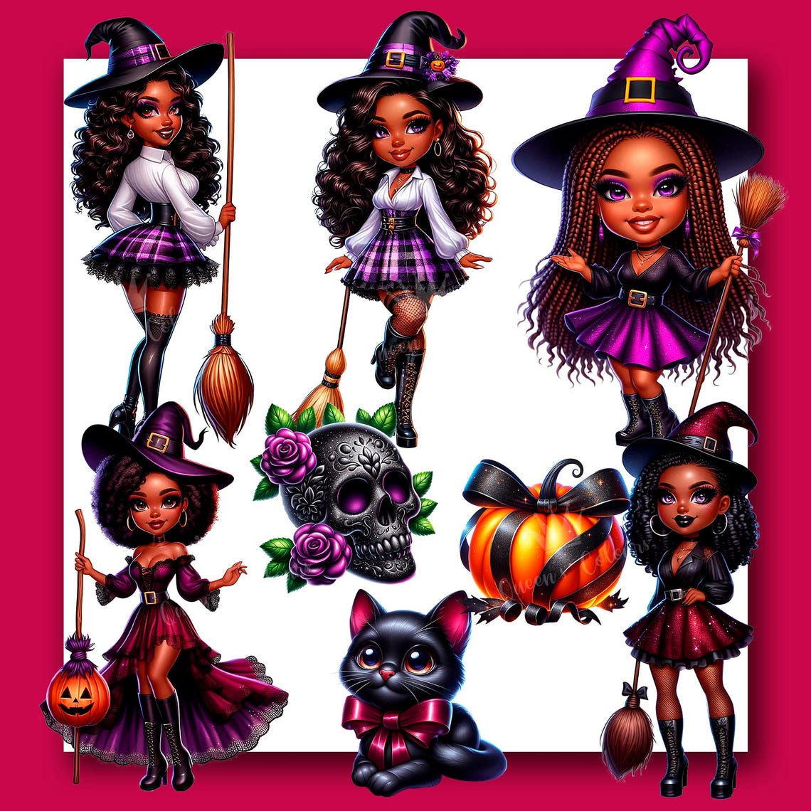 Halloween Chibi Girl Clipart, Witch Chibi Clipart, Black Witch Chibi ...