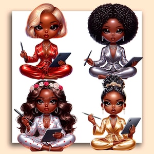 Chibi Girl Boss Clipart, Afro Chibi With Tablet, Black Chibi Boss Png ...