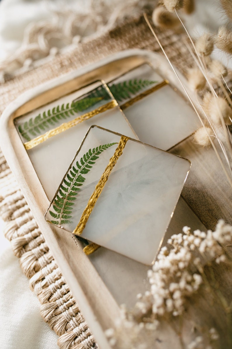 Fern Resin Coasters (set of 2): Square With Gold Line Design - Etsy
