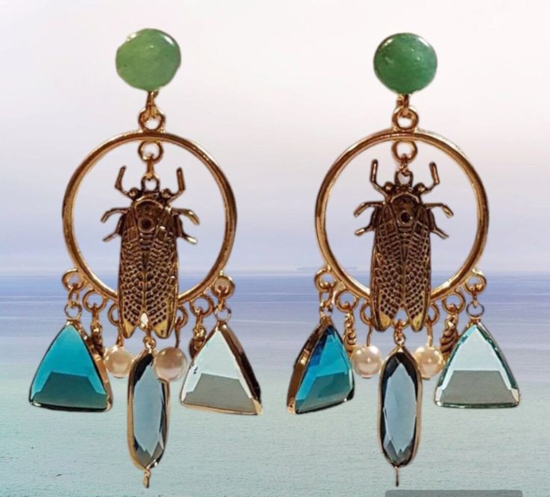 Earrings, Original, Scarabs, Modern Style, Blue, Green, Natural Gems ...