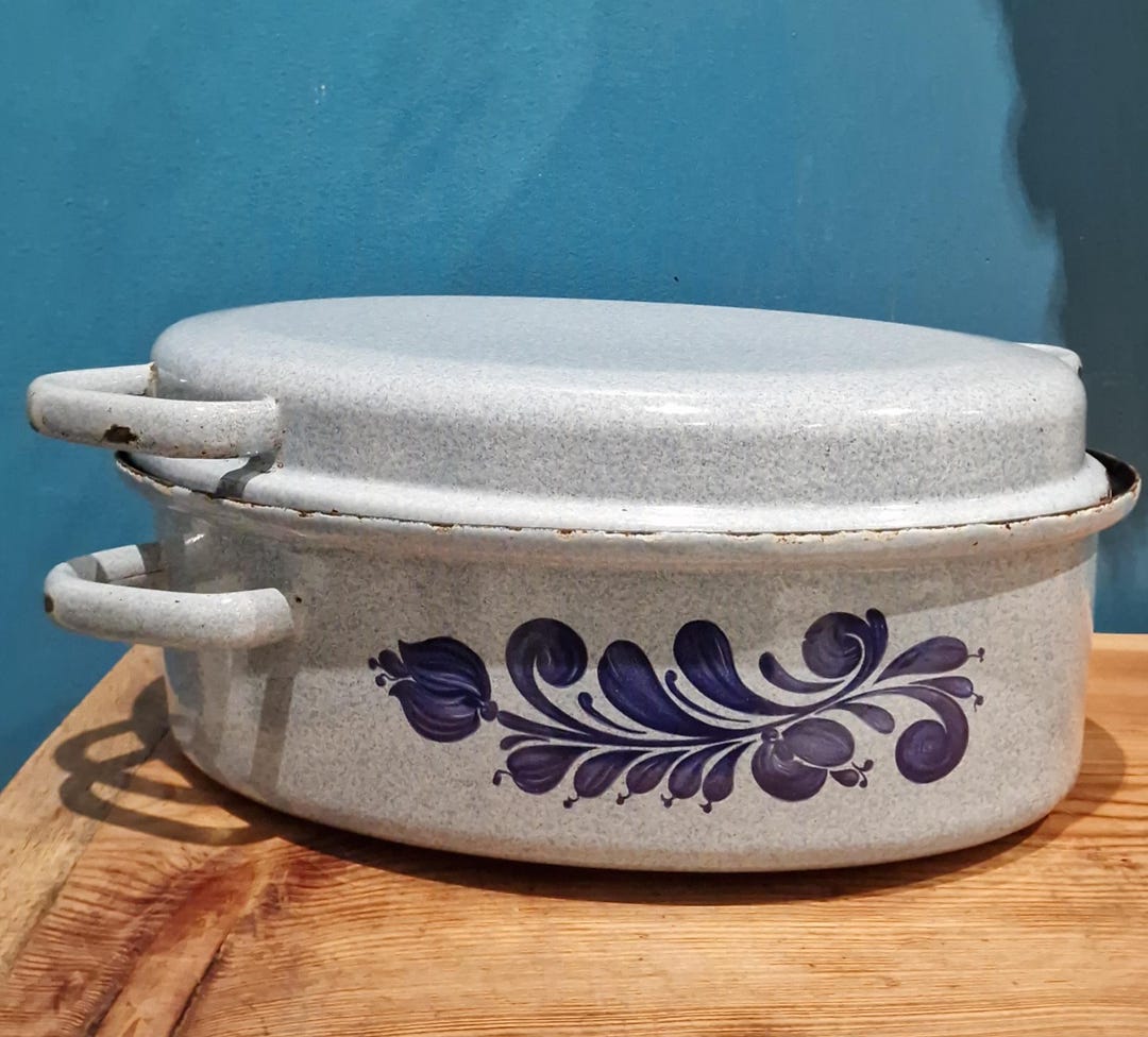 Vintage French Enamelled Roasting Tin, Large, Hand Painted Pattern ...