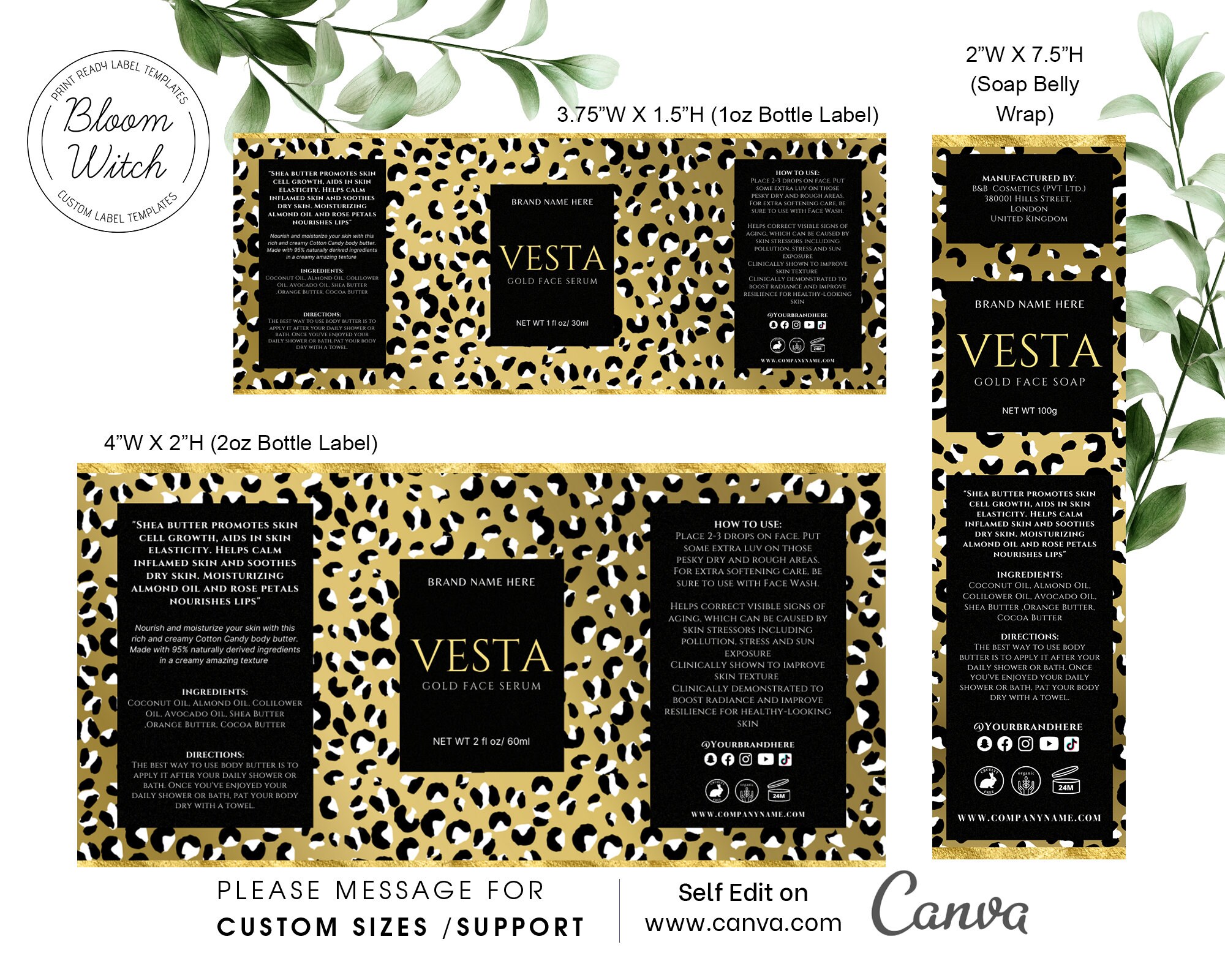 Black and Gold Leopard Labels Body Butter Labels, Skincare Labels ...