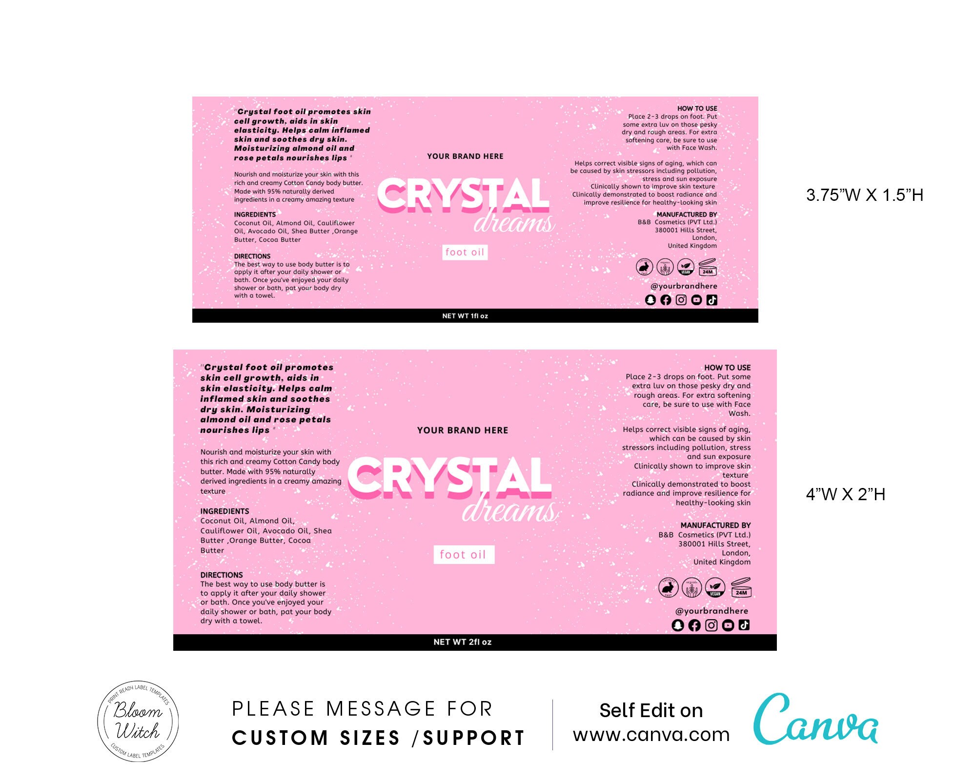 Editable Pink Label Template-body Butter Label, Sugar Scrub, Skincare ...