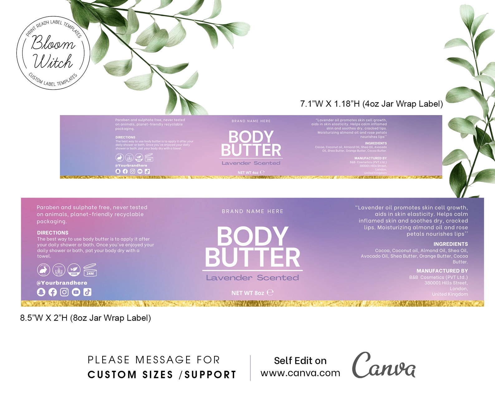 Purple Gold Editable Cosmetic Skincare Label Template Body Butter ...