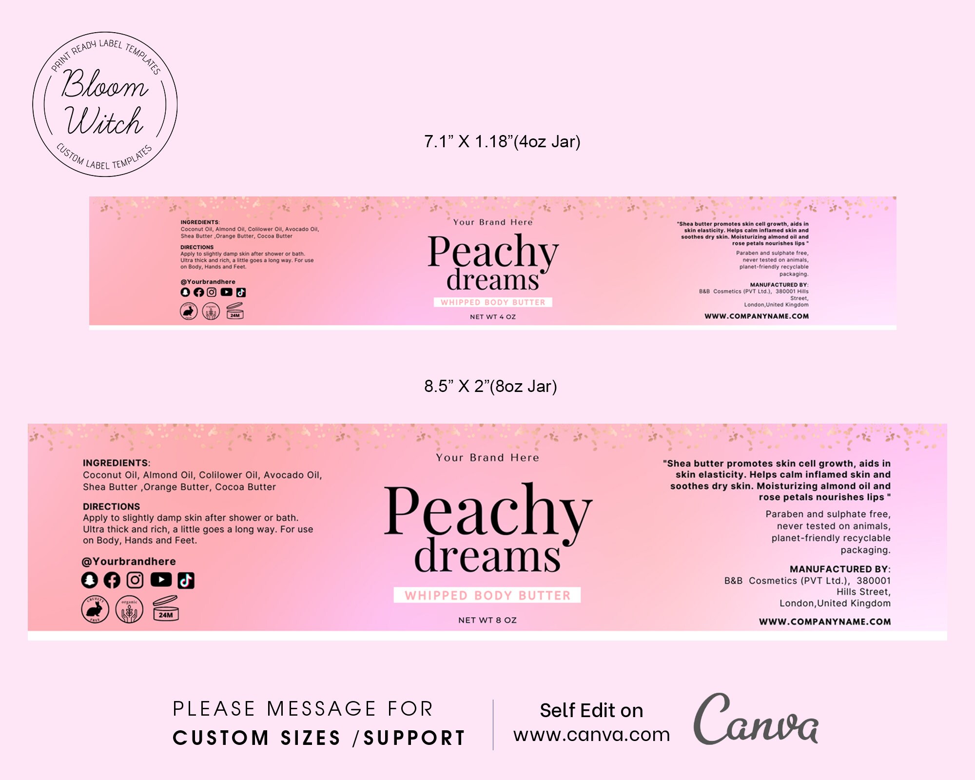 Editable Pink Shea Label Template Body Butter Labels,8oz,4oz,soap ...