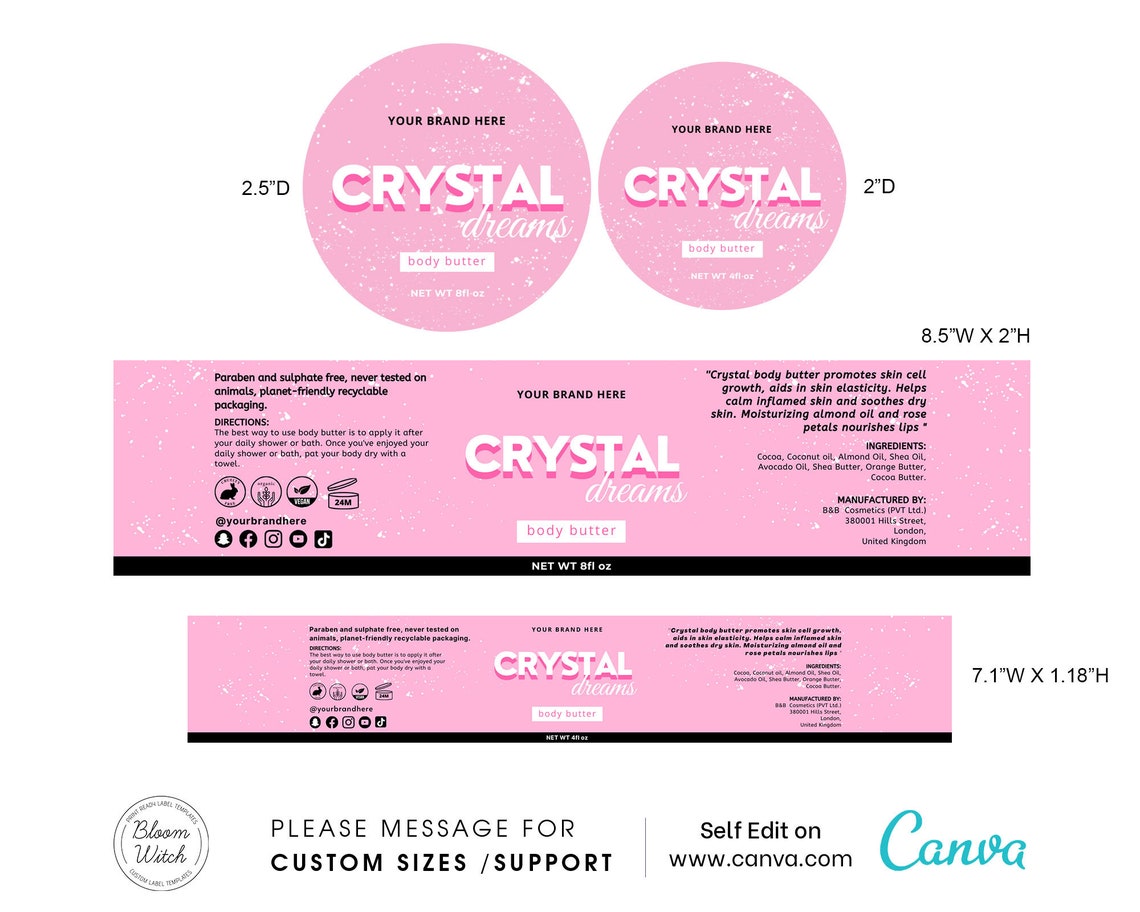 Editable Pink Label Template-body Butter Label, Sugar Scrub, Skincare ...