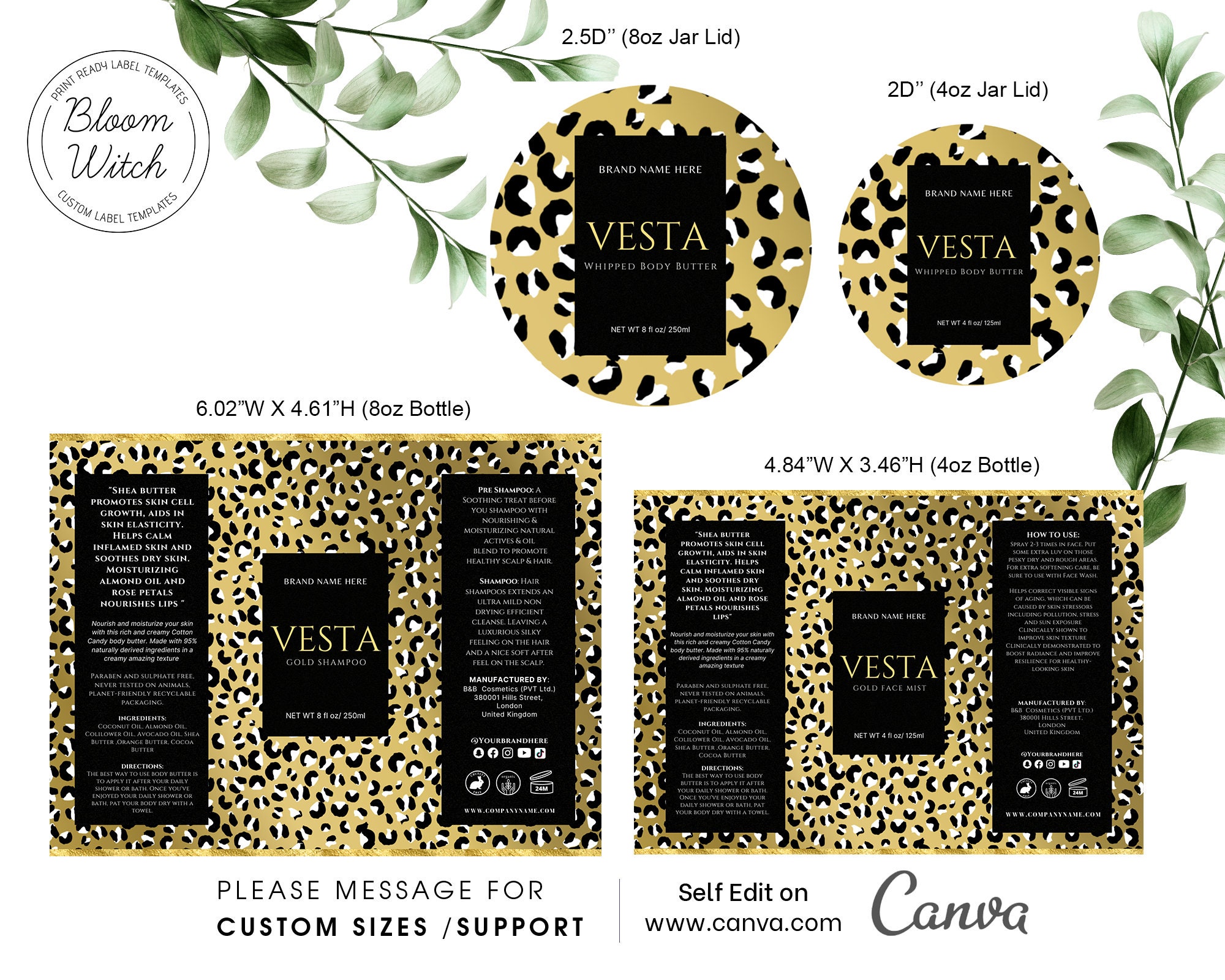 Black and Gold Leopard Labels - Body Butter Labels, Skincare Labels ...