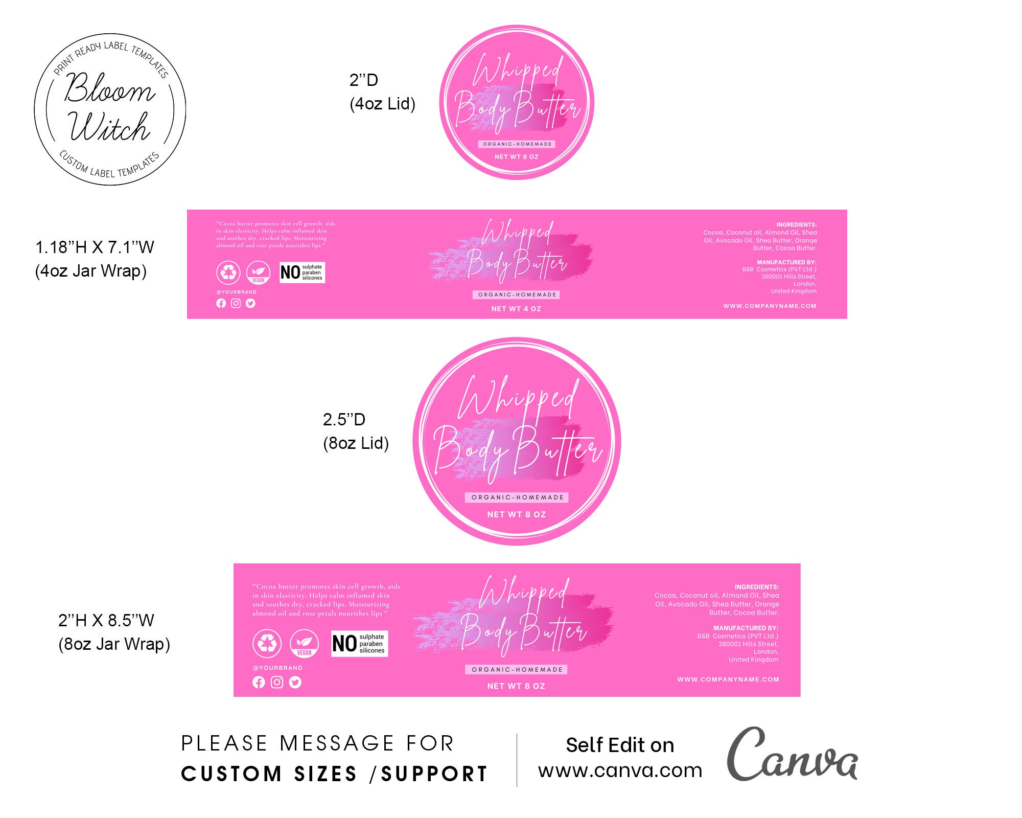 DIY Pink Cosmetic Label Template - Body Butter Labels,sugar Scrub,body ...