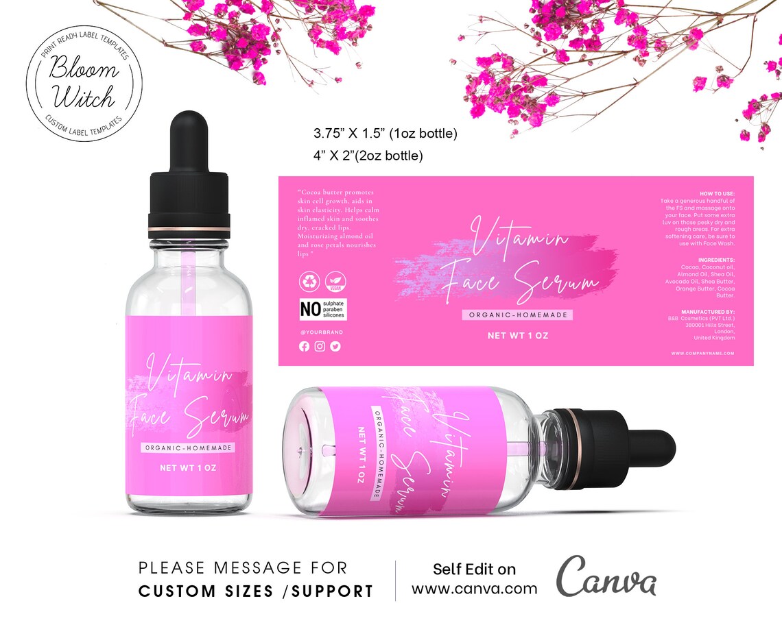 Editable Pink Cosmetic Label Template Body Butter Dropper - Etsy