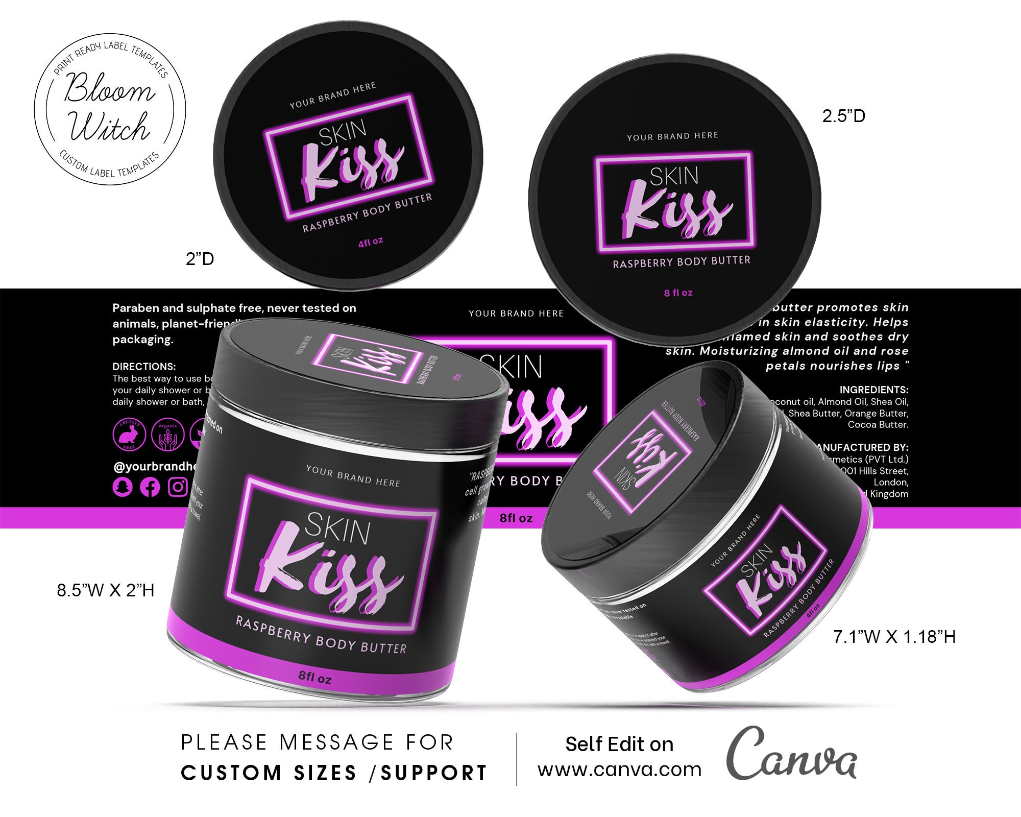 DIY Pink Black Body Butter Label Cosmetic, Skincare, Pink, Editable ...