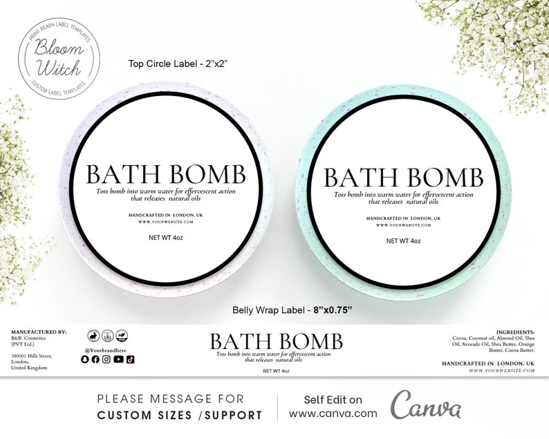 Editable White Bath Bomb Belly Wrap Label- Editable Circle Label, Bath ...