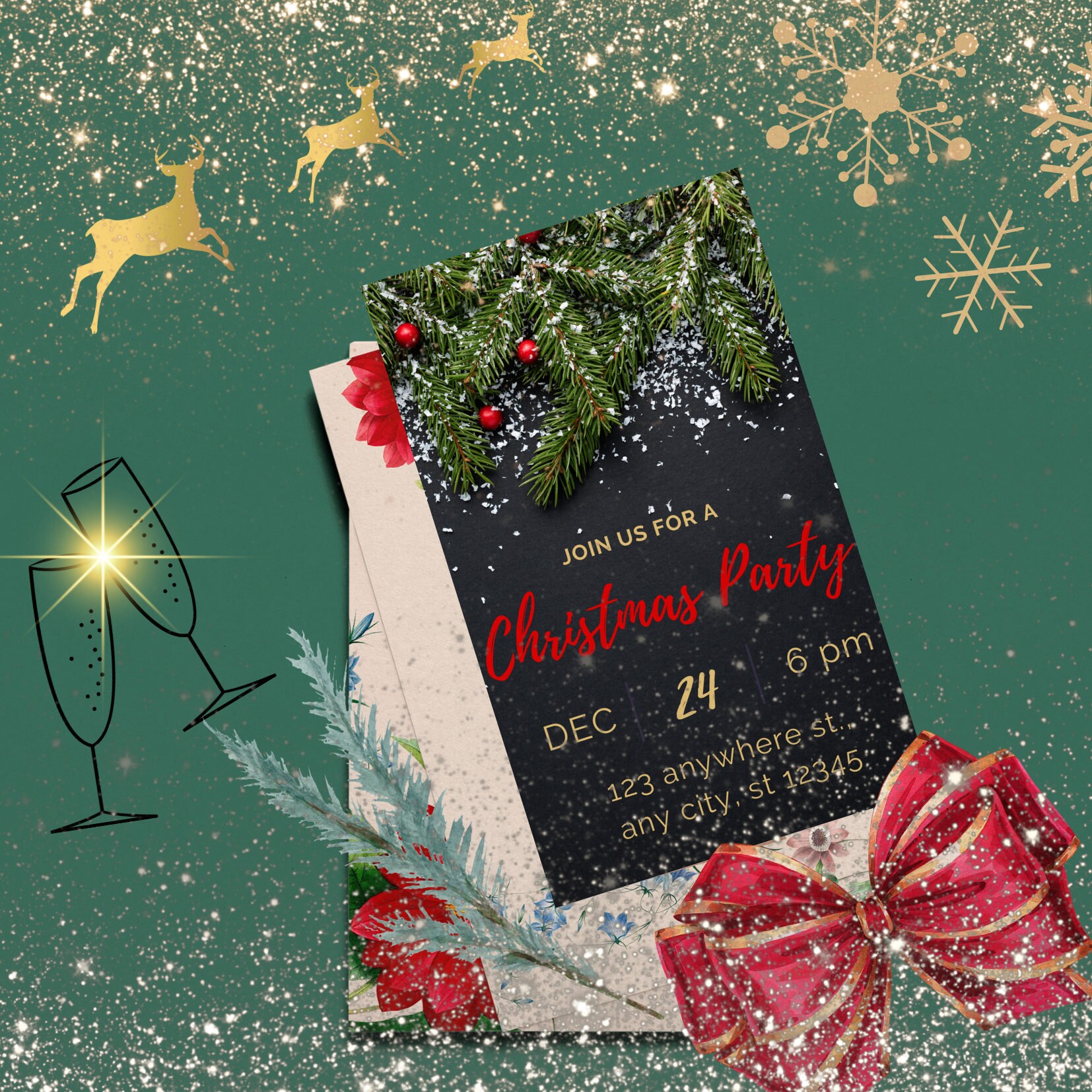 Editable Christmas Party, Red Black Gold Invitation, Holiday Party ...