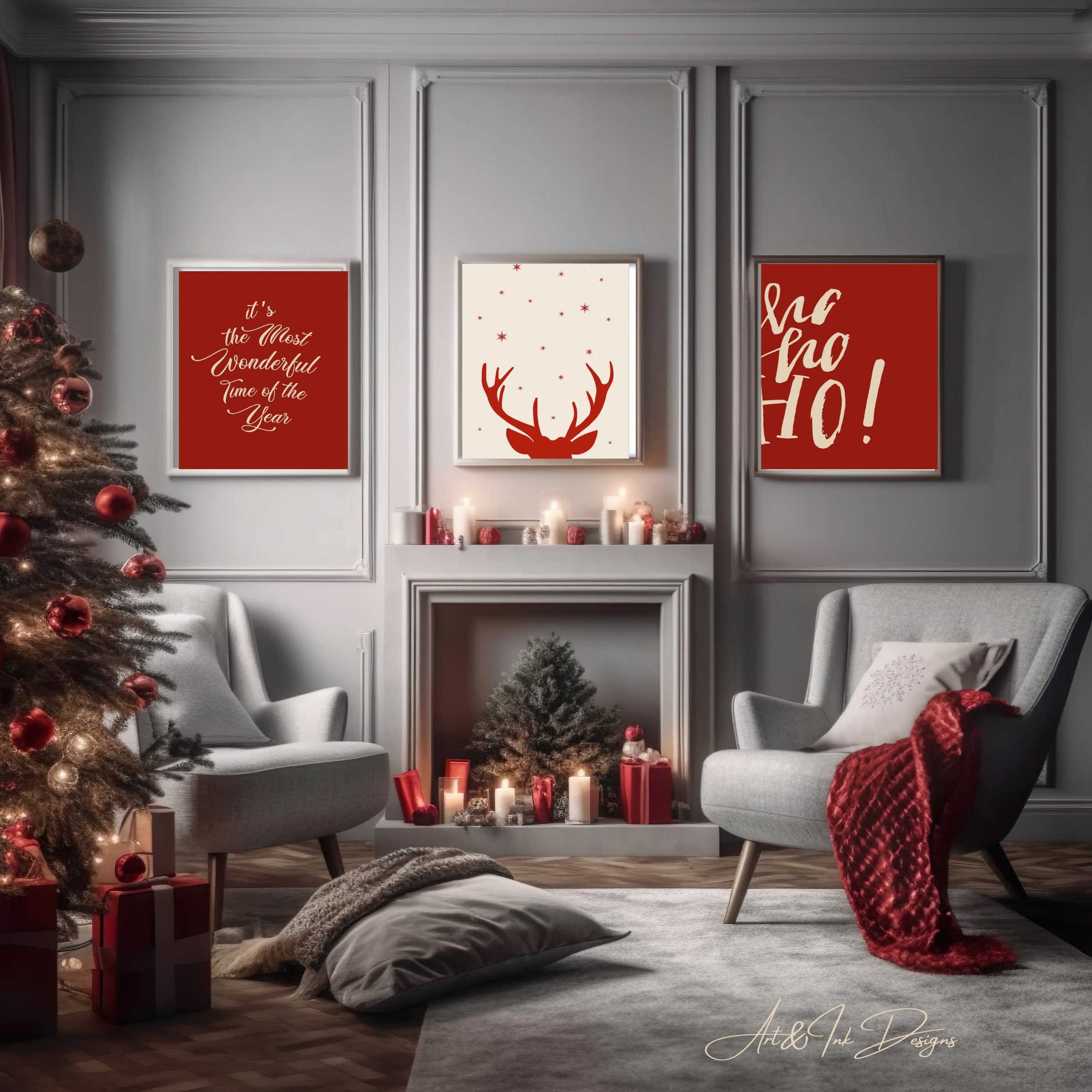 Christmas Wall Set, Boho Christmas Art, Red Christmas Set of 3 Prints ...