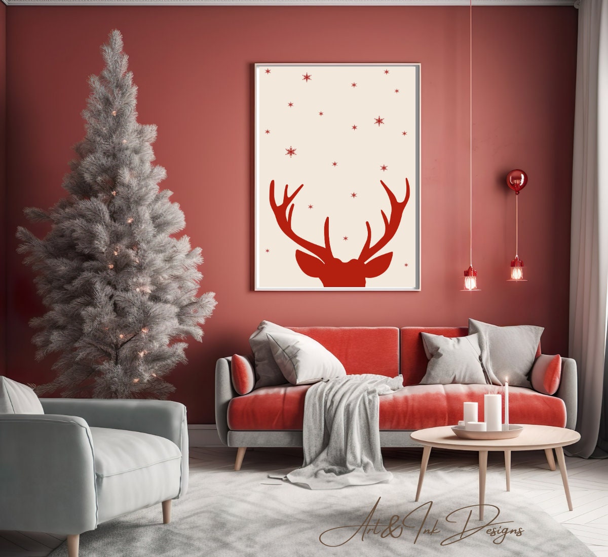 Christmas Wall Set, Boho Christmas Art, Red Christmas Set of 3 Prints ...