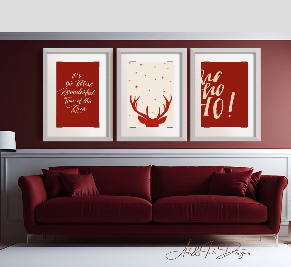 Christmas Wall Set, Boho Christmas Art, Red Christmas Set of 3 Prints ...