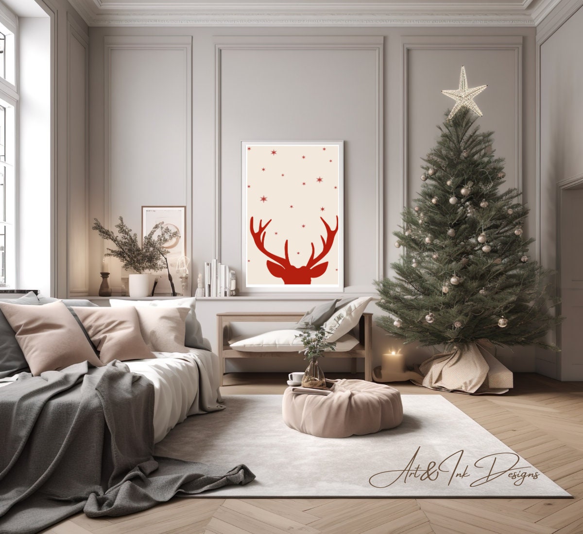 Christmas Wall Set, Boho Christmas Art, Red Christmas Set of 3 Prints ...