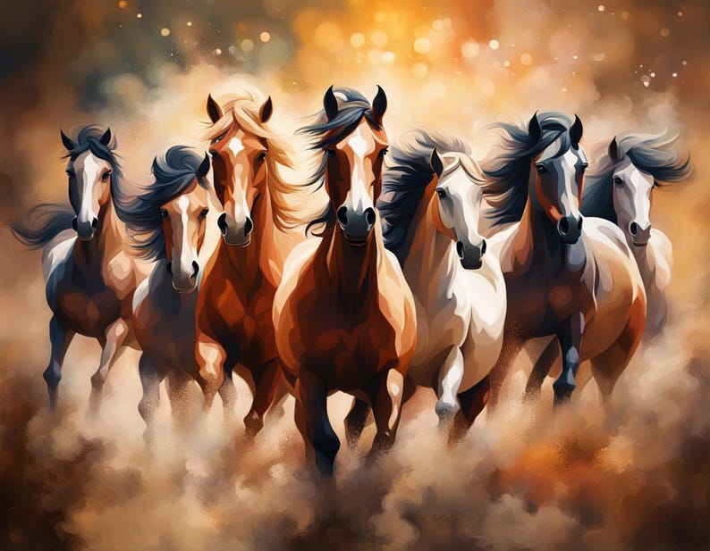Dynamic Herd of Stallions Galloping Through Dust in Vibrant Abstract ...