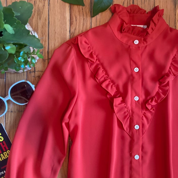 Late 70’s Aaron Ashley Sheer Red Button Up Ruffle Det… - Gem