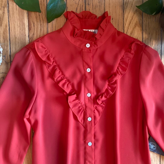 Late 70’s Aaron Ashley Sheer Red Button Up Ruffle Det… - Gem