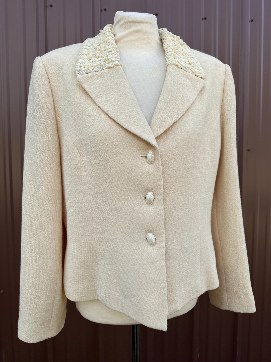 Vintage 1980's Albert Nipon Cream Fitted Jacket With Ruffle Lace Beaded ...