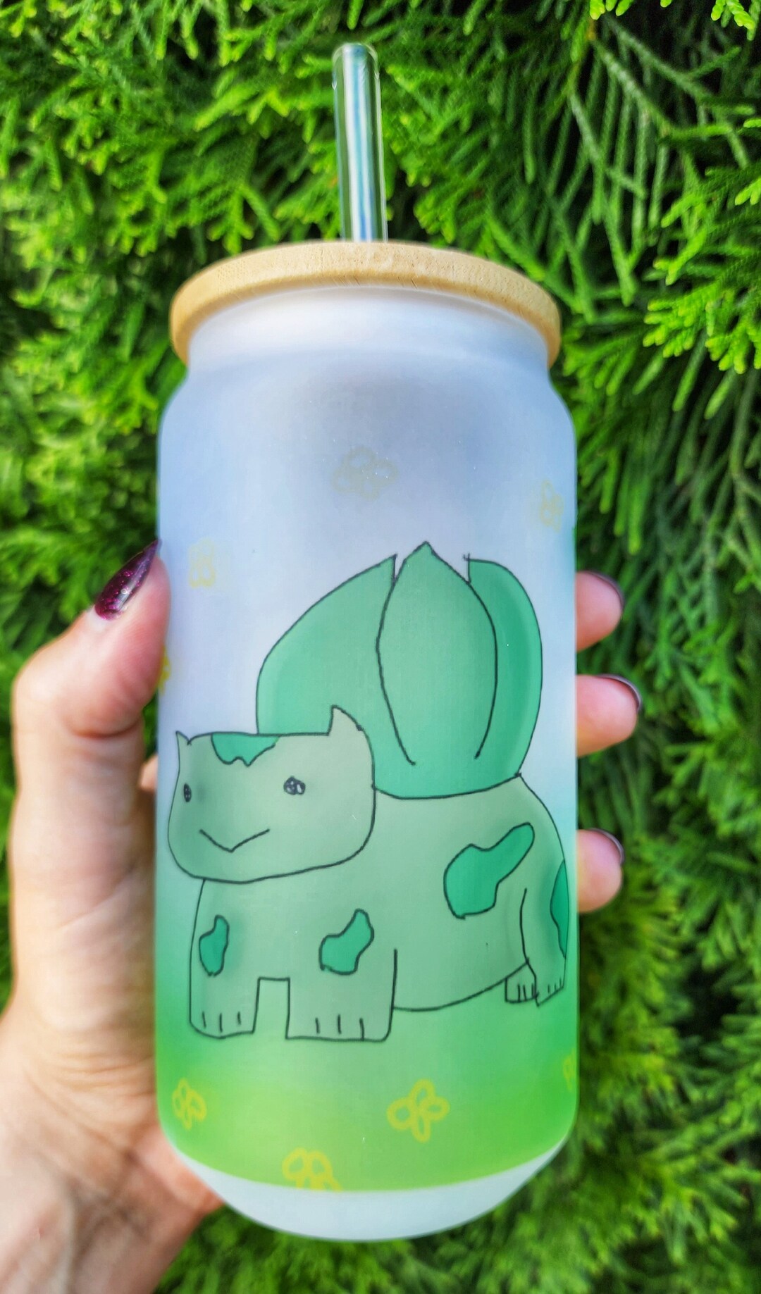 Bulbasaur Glass Can Tumbler With Bamboo Lid & Straw - 18oz - Etsy