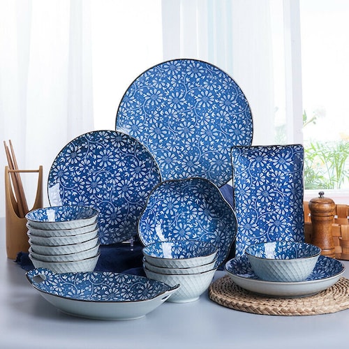 Crockery Japanese Blue Ceramic Dinner Plates Dish Bowls - Etsy