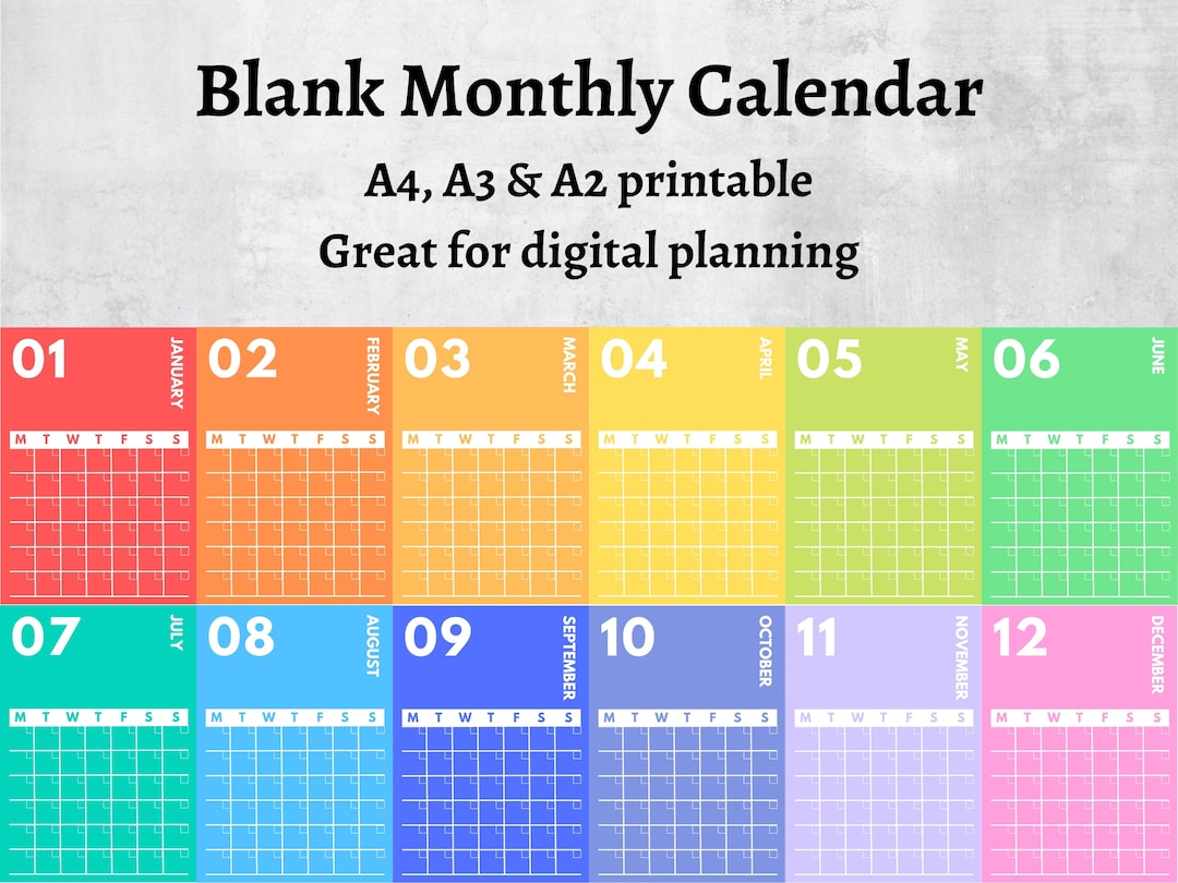 Blank Colorful Minimalist Monthly Printable Calendar Portrait, Desk ...