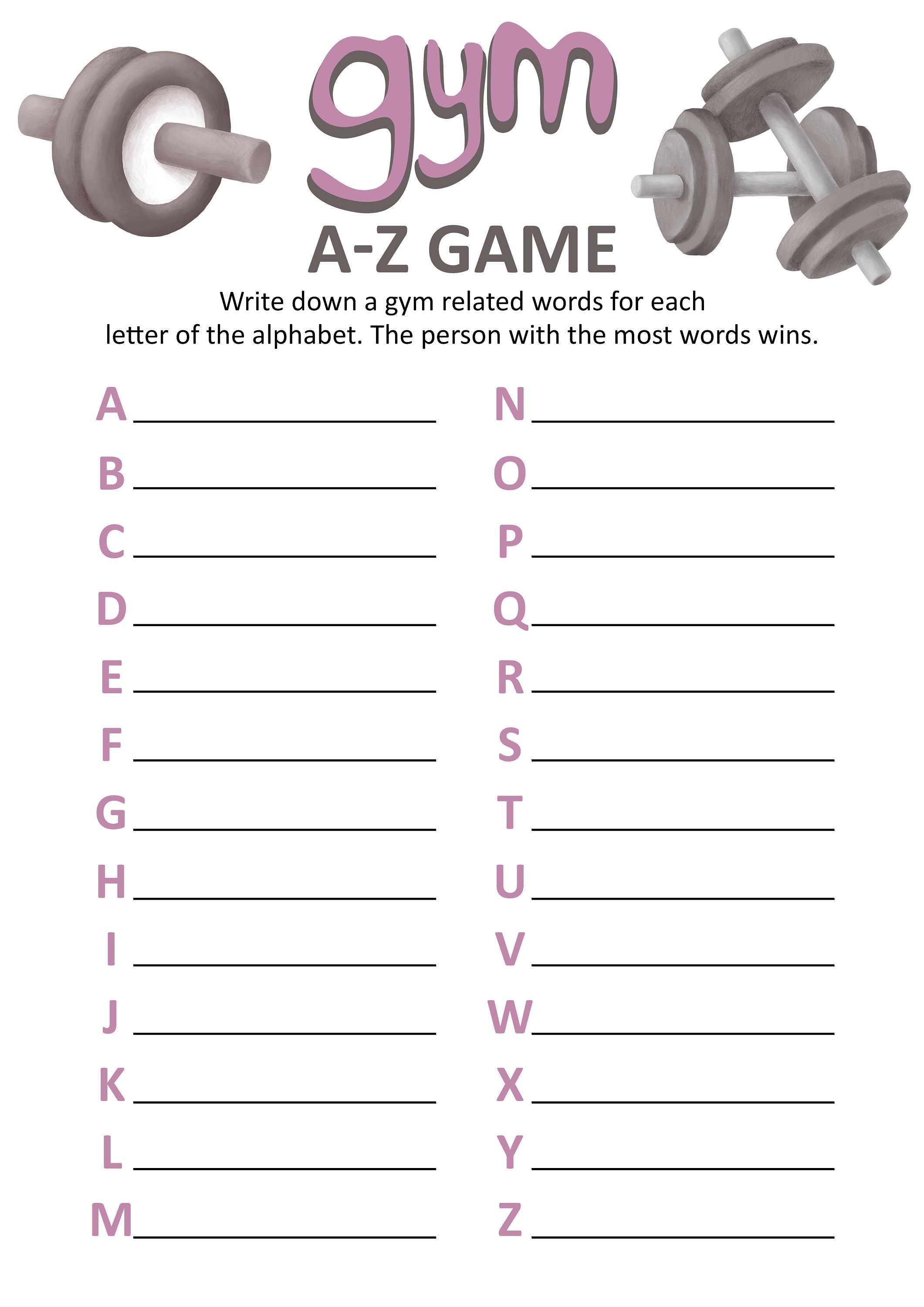 Gym Alphabet Game A4 A5 US Letter, SVG PDF Png | Gym Printable Game ...
