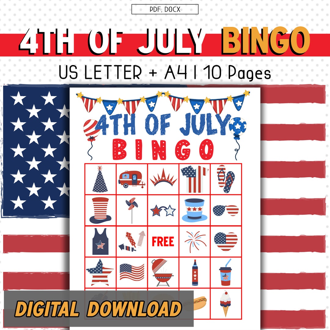 4th of July Printable Bingo Game Sheets for Kids, Family 10 PDF DOCX ...