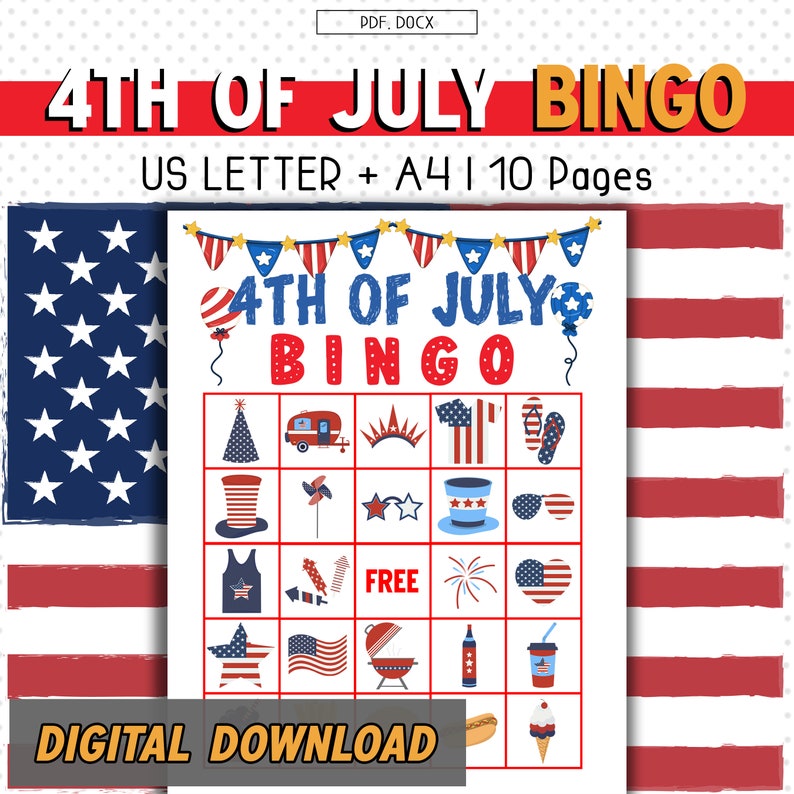 4th of July Printable Bingo Game Sheets for Kids, Family 10 PDF DOCX ...