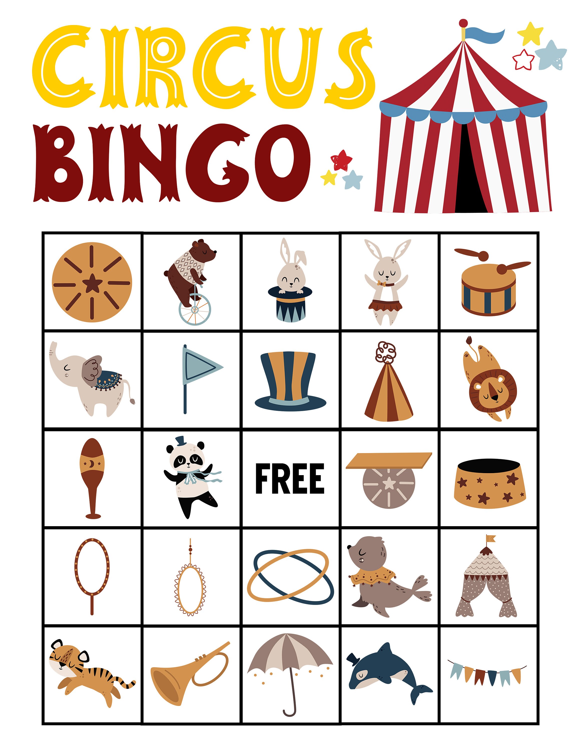 Circus Bingo Printable Game Sheets for Kids, Family 10 PDF DOCX Pages ...
