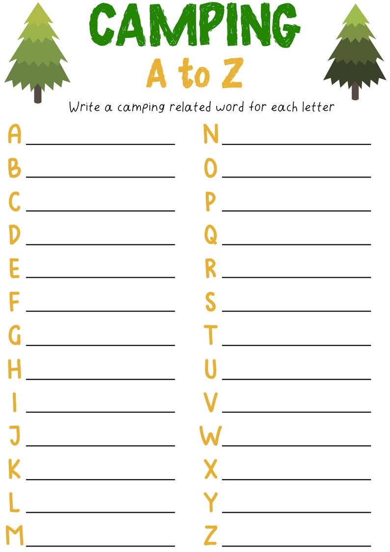 Camping A to Z A4 A5 US Letter PDF, PNG, Svg Camping Game Printable ...