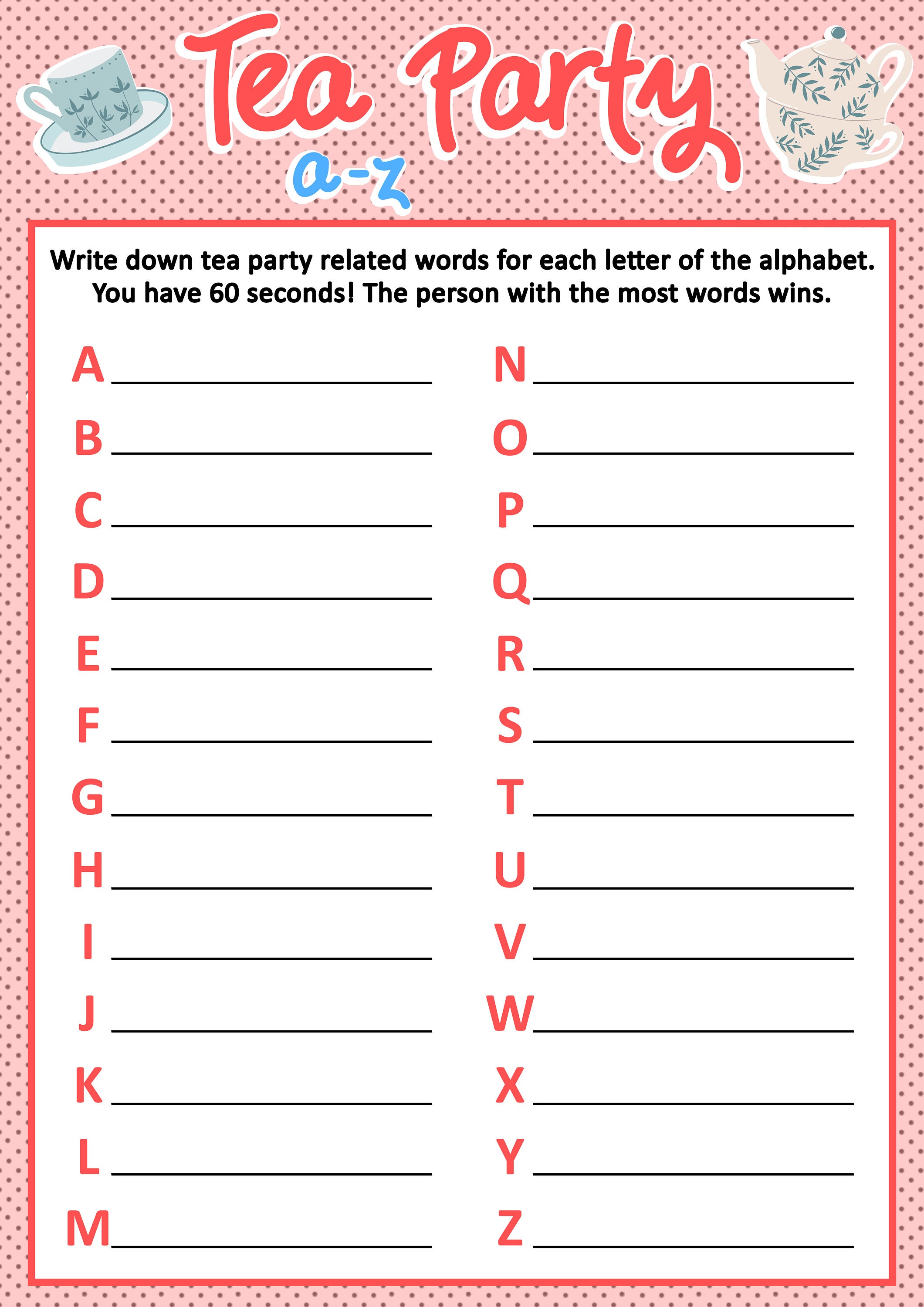 Tea Party Alphabet Game A4 A5 US SVG PDF Png | Tea Party Printable Game ...